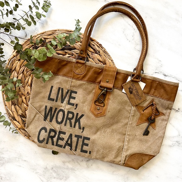 Backroads Textiles | Bags | Rustic Live Work Create Canvas Leather Tote ...